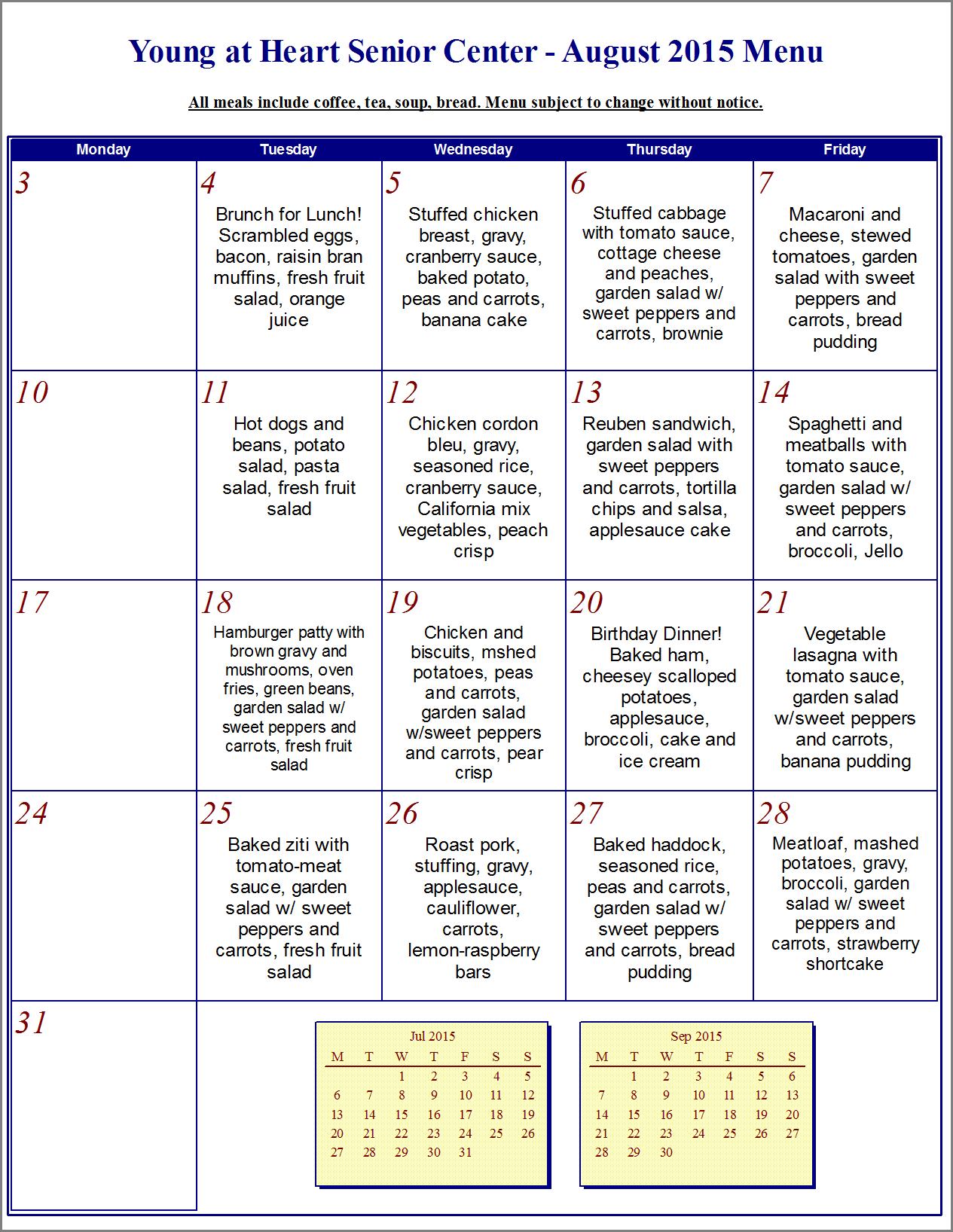 August menu – Young at Heart Senior Center | Poultney, Vermont